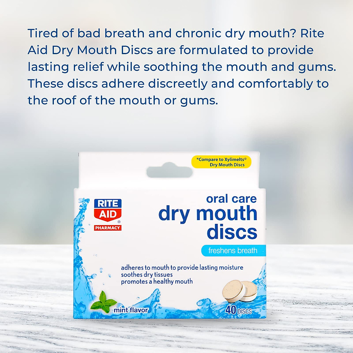 Rite Aid Dry Mouth Discs - 40 Discs | Mint Flavor Freshens Breath | Oral Care Dry Mouth Remedies | Dry Mouth Products | Dry Mouth Lozenges | Oral Hygiene Products | Mouth Moisturizer Breath Freshener