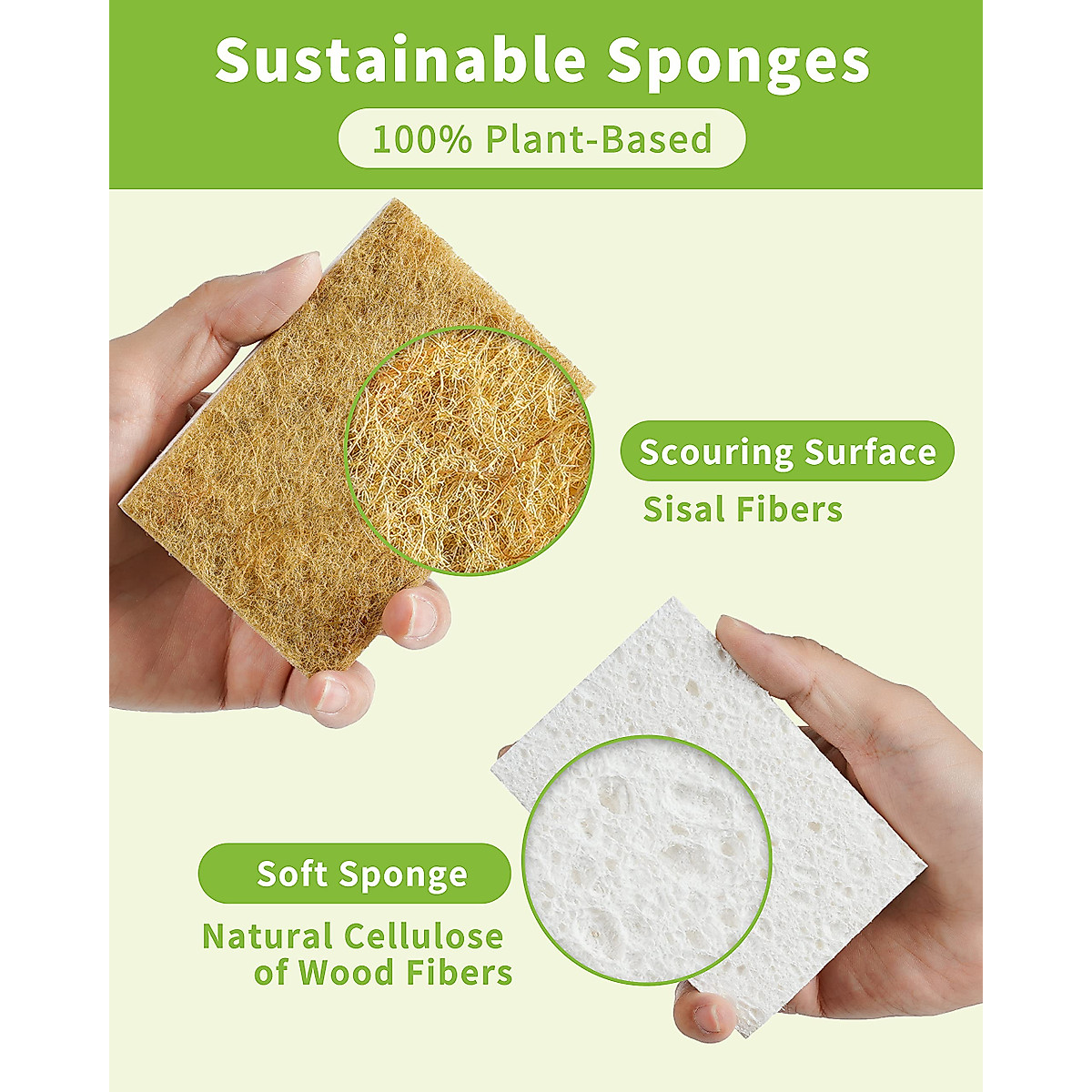 Biodegradable Natural Kitchen Sponge 12Pack, Compostable Cellulose and Coconut Walnut Scrubber Sponge