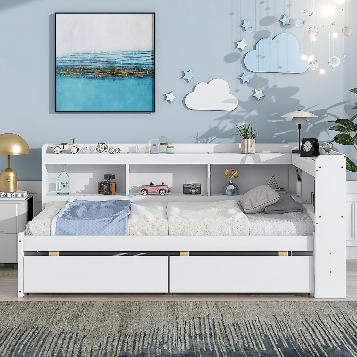 DNChuan L-Shaped Twin Size Daybed with Bookcase Headboard,Captains Corner Bed with Storage Drawers,Wooden Slat Support No Box Spring Needed,White
