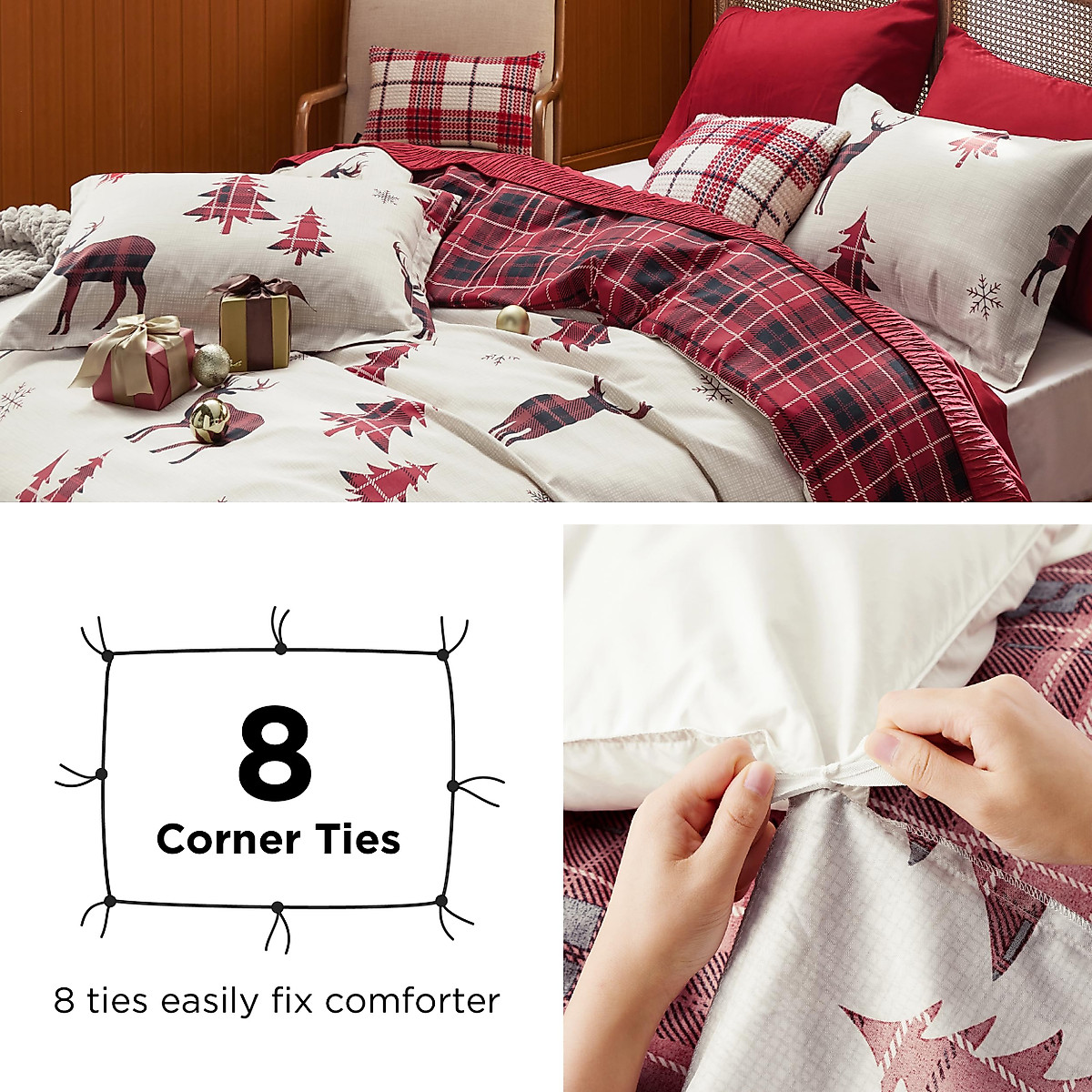 Bedsure Christmas Duvet Cover Queen - Christmas Bedding Queen Size, Reversible Buffalo Check Printed Christmas Plaid Duvet Cover, Includes 1 Duvet Cover and 2 Pillow Shams (Queen, Reindeer)