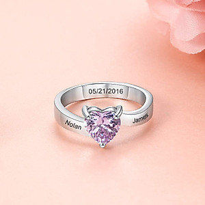 GLAMCARAT Personalized heart sterling silver ring mother’s jewelry with 1 birthstone heart shape engraved customized name birthstone ring with 1 stone