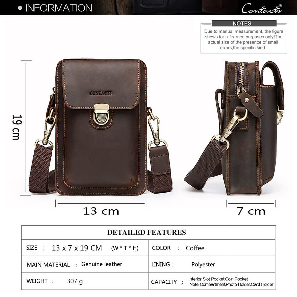 Hiram Men's Leather Phone Bag for iPhone SE, Leather Waist Bag for Men, Men's Crossbody Bag for Cellphone, Small Leather Shoulder Bag for Men-Coffee