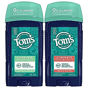 Tom's of Maine Complete Protection Aluminum-Free Natural Deodorant Variety Pack of 2: Eucalyptus & Sandalwood and Cedar & Vetiver, 2.6 oz