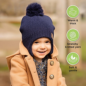 Baby Beanies, Baby Hats for Boys, Girls - Cute Toddler Winter Hat, Soft & Stretchy Beanies for Infant, Newborn 6-36 Months, Cozy & Warm with Earflap Muff & Pom (Navy)