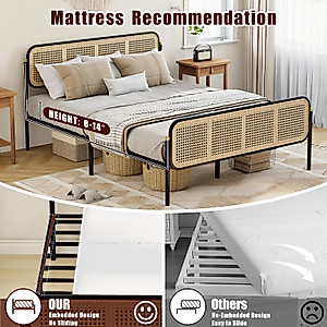VOPEAK Rattan Bed Frame Full Size with Headboard, Boho Bed Frame, Full Bed Frame with Strong Metal Slats Support, Easy Assembly Mattress Foundation, Noise Free, No Box Spring Needed, Black
