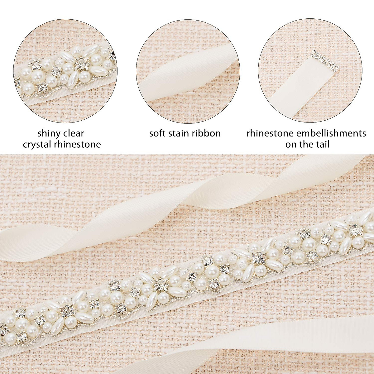 Tendaisy Women's Rhinestone Belts with Pearls Crystal Birdal Sashes for Wedding Gowns Ivory