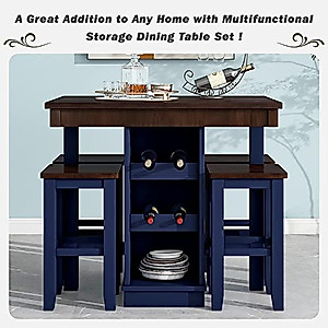 Merax 5 Pieces Dining Table Set, Farmhouse Wood Counter Height Dining Set, Kitchen Table with 3-Tier Adjustable Storage Shelves, Wine Racks and 4 Stools (Brown and Blue)