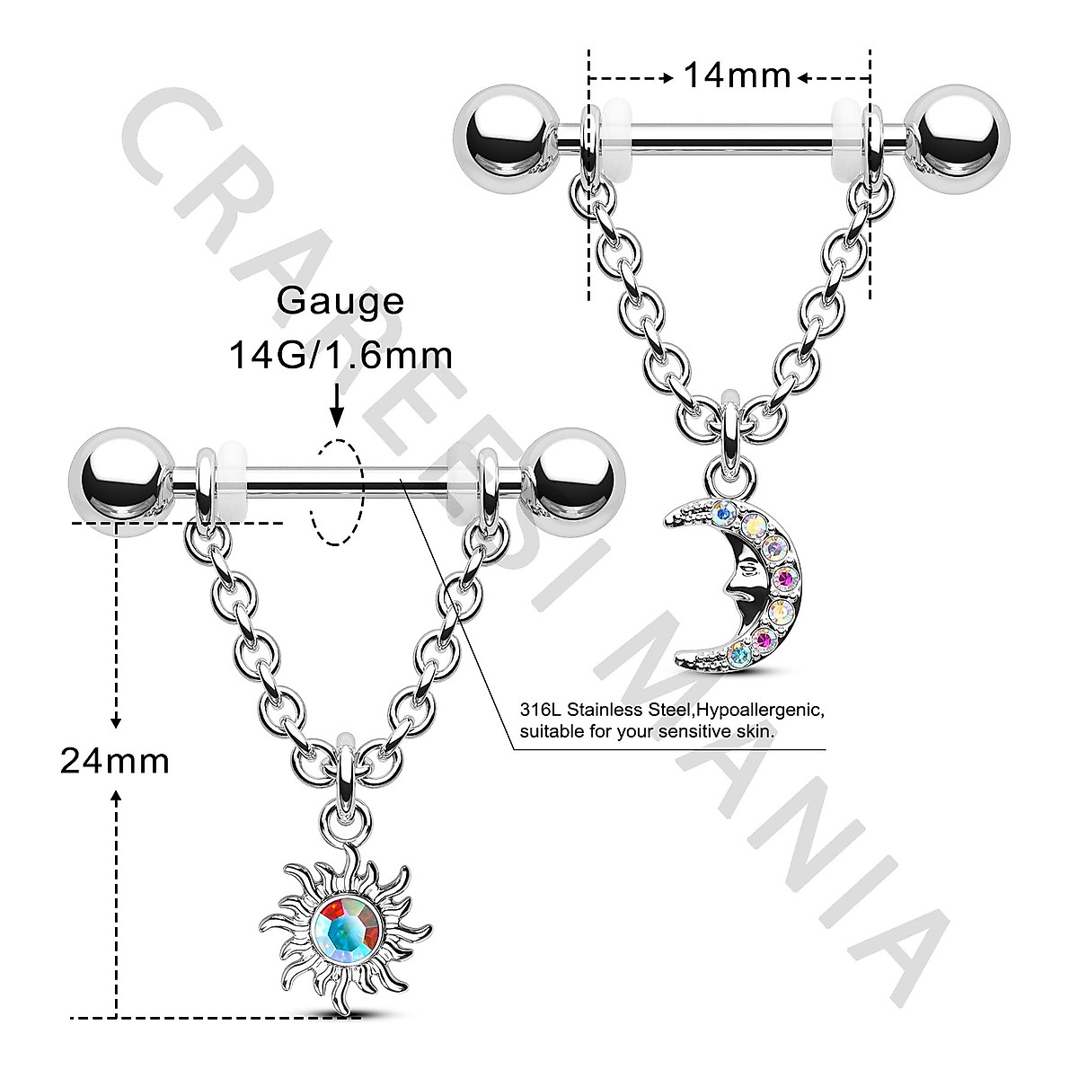 CM Crareesi Mania Nipple Rings for Women 14G Nipple Ring 316L Stainless Steel Nipple Piercing Jewelry Dangle Nipple Rings AB CZ Nipple Shield Rings
