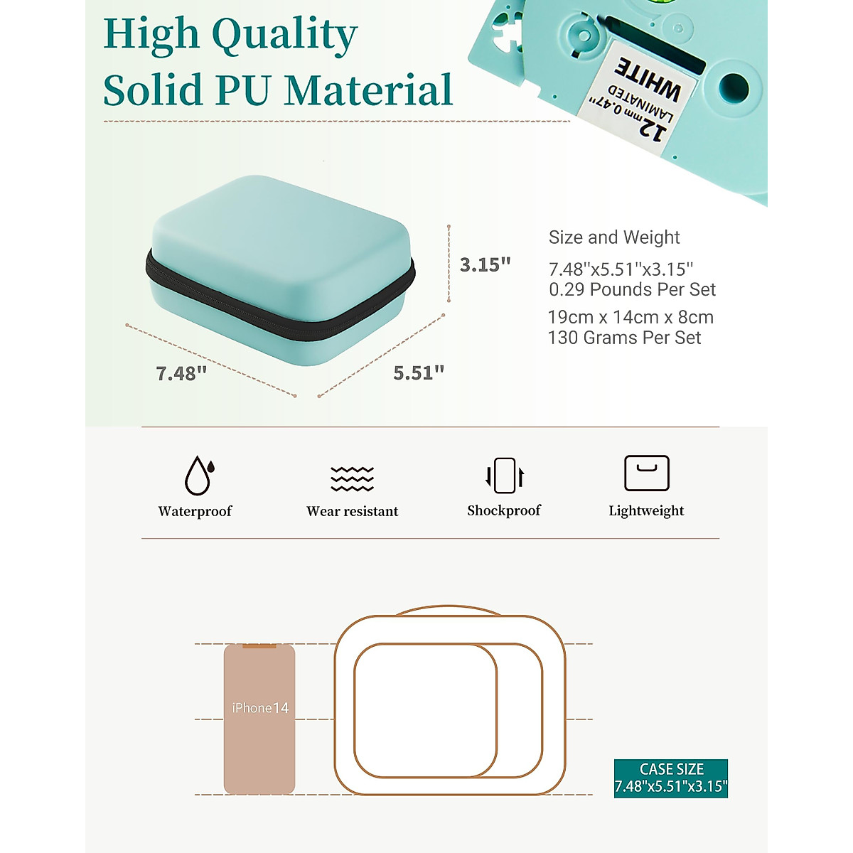 Vixic Hard Case Compatible Label Maker D1600/P3200 - Green Box with Holder for Printer & Labeling Tapes Refills and Mesh Pocket for Accessories