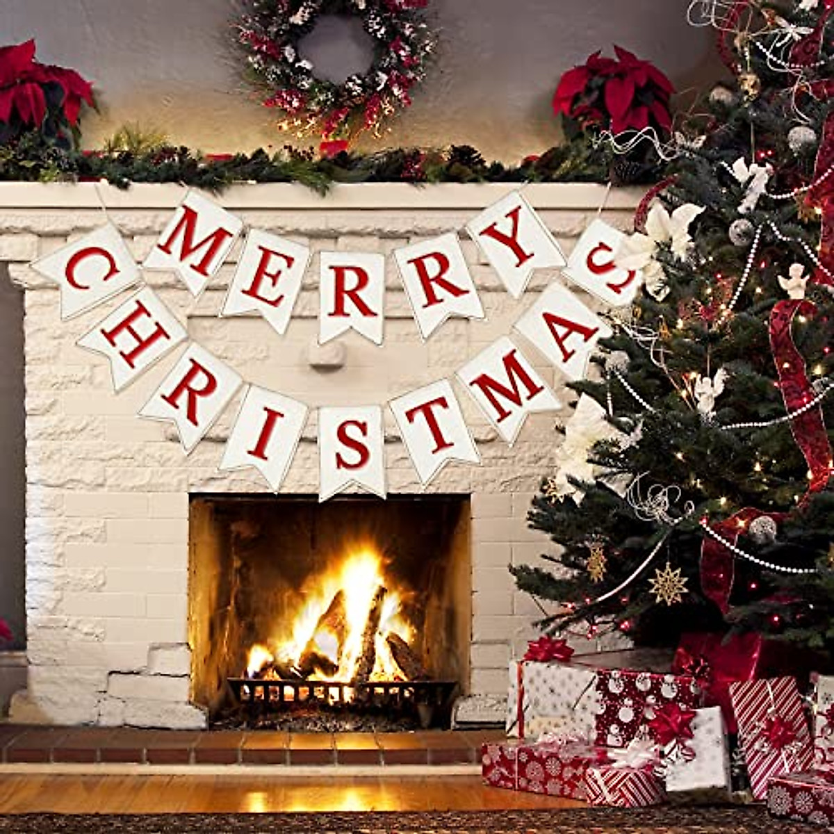 Whaline Christmas Burlap Banner Felt Merry Christmas Banner Pre-Assembled White Red Xmas Bunting Garland Celebration Hanging Decorations for Christmas Party Supplies Home Decoration