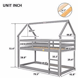 AnwickNomo Twin Over Twin Low Loft Bed, Wood Bunk Bed with House Shape and Full-Length Guardrail, Kids Bed for Boys Girls and Teens, Space-Saving, Solid Wood Frame, No Box Spring Needed (Grey)