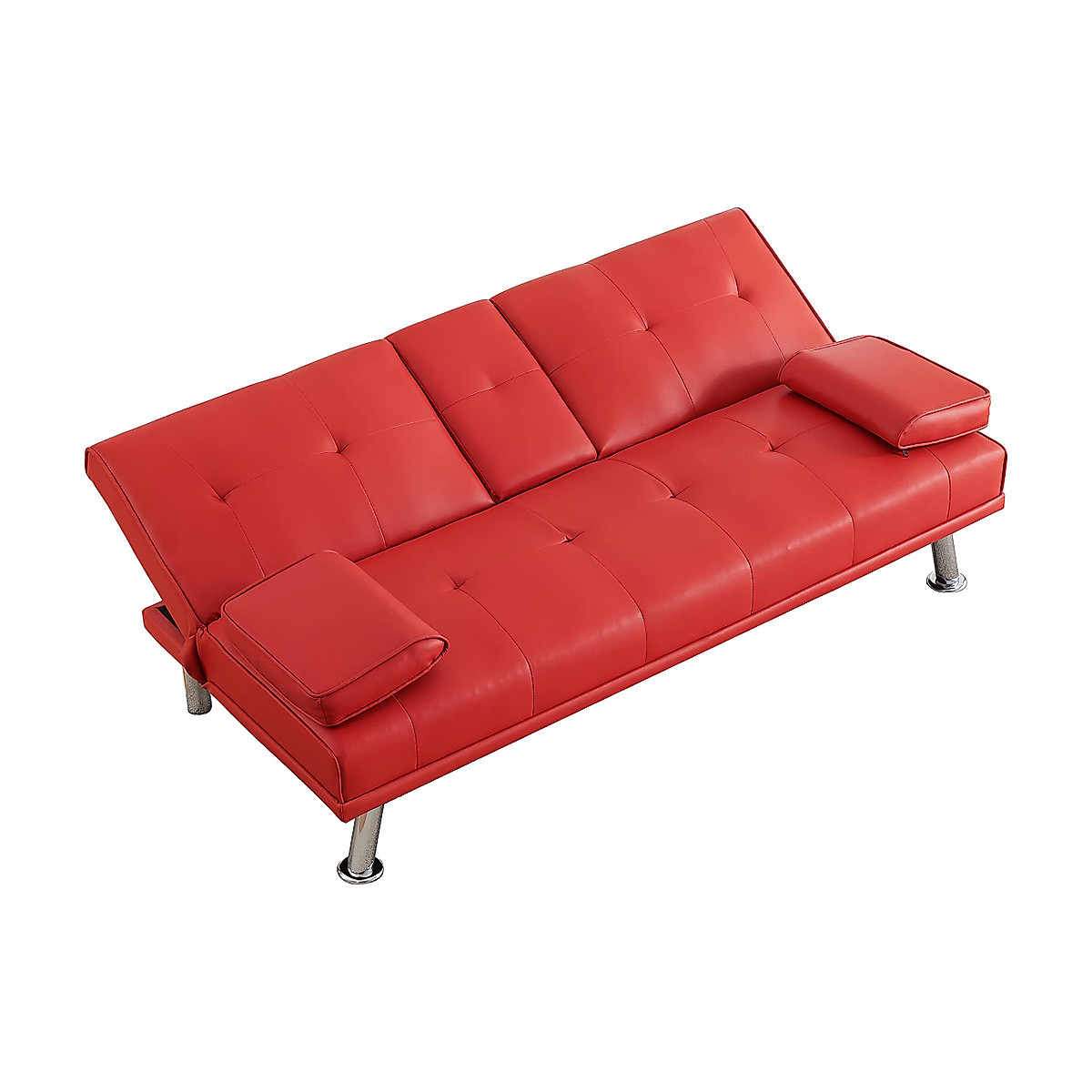 LIADTOP 67" Multifunctional Sofa 2 Cup Holders,Leather Loveseat Sleeper with Removable Armrests,Convertible Folding Couches Bed for Small Spaces,Red