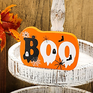 4 Pieces Halloween Decor Halloween Tiered Tray Decorations Tabletop Wooden Ghost Theme Table Centerpieces Cute Decor Boo Halloween Blocks Spooky Sign Trick or Treat Candy Sign for Home Shelf Party