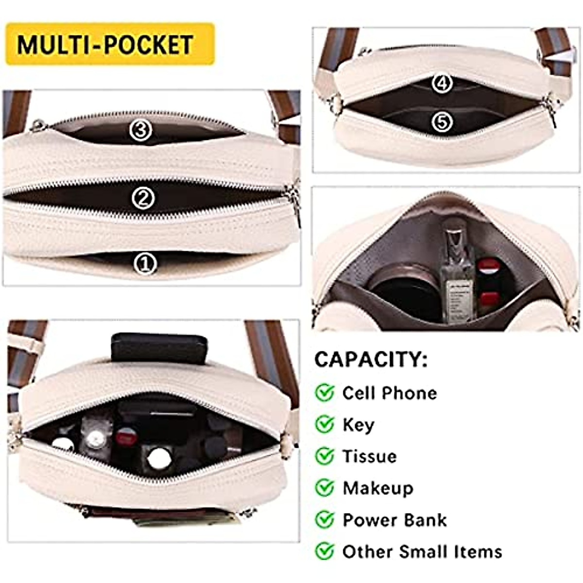 crossbody bags for women Camera Bag Wide Strap Leather Cross Body Bag, Ladies Handbag Small Shoulder bag (Off white)