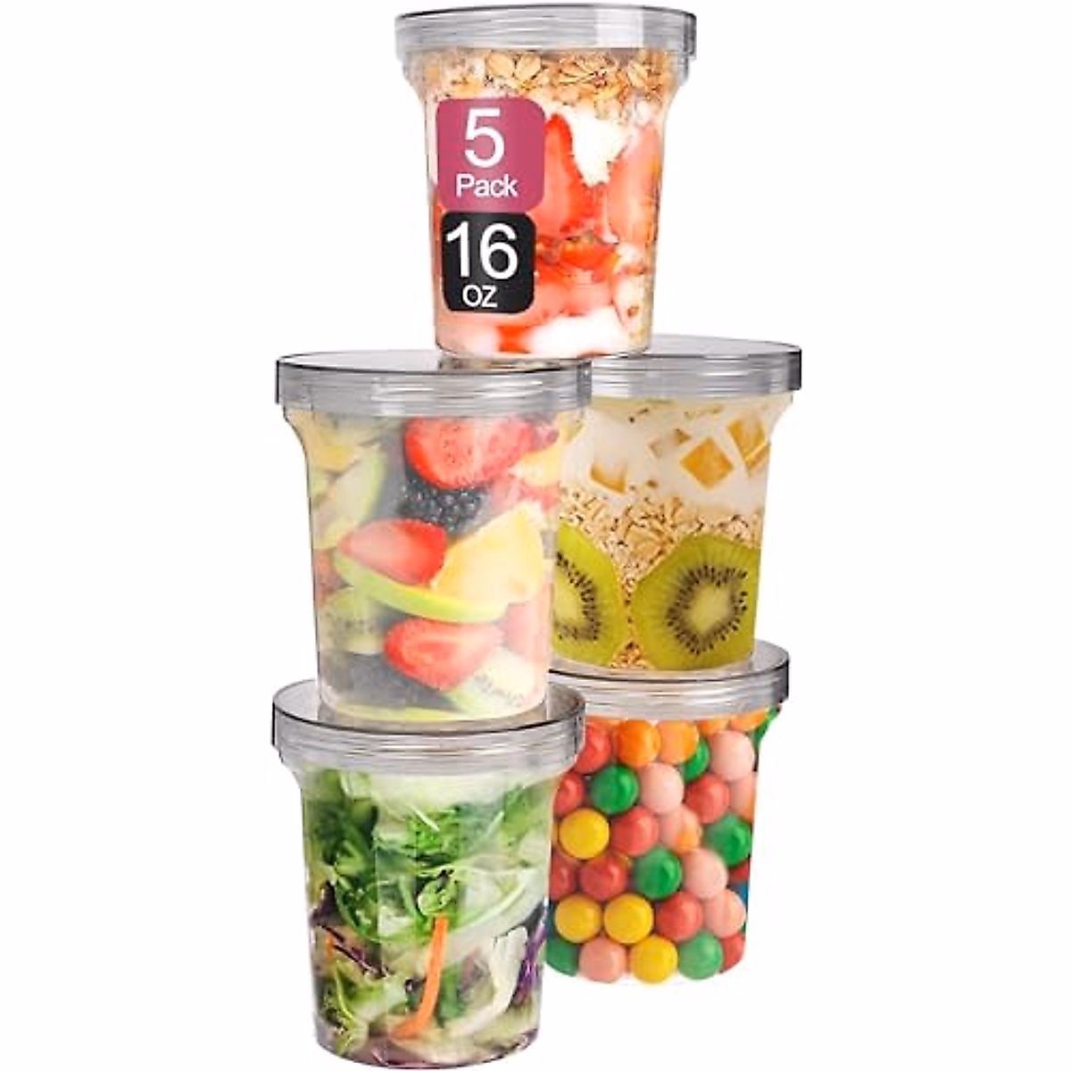 WBKTOOL 5 Pack Overnight Oats Containers with Lids - 16 oz Deli Food Storage Containers - Small To Go Plastic Yogurt Container for Soup, Salad, Freezer