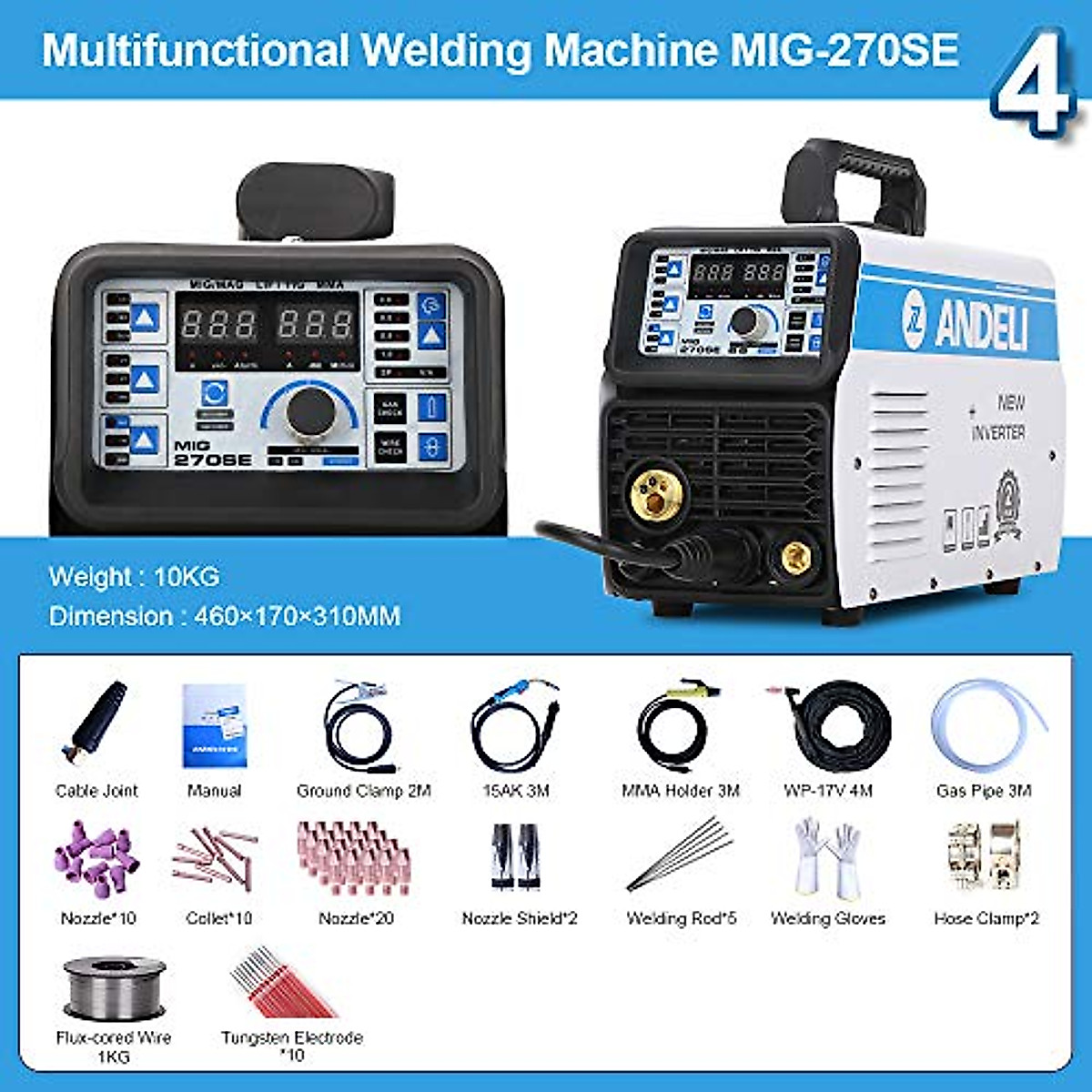 ANDELI MIG Welder 200A MIG-270SE 110V/220V MIG/Lift TIG/MMA 3 in 1 Multifunctional Welding Machine Gas Gasless Welder