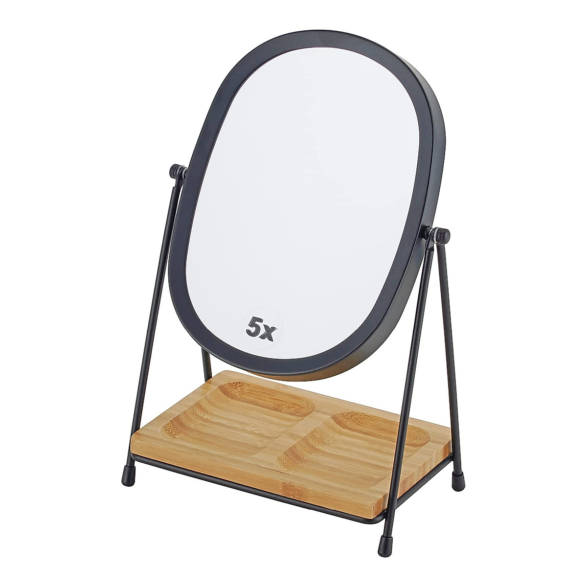 JOYOEIKON Tabletop 5x/1x Magnifying Makeup Mirror with Squared Bamboo Tray Small Desk Mirror 360° Rotation Vanity Mirror with Stand Desktop Cosmetic Mirror