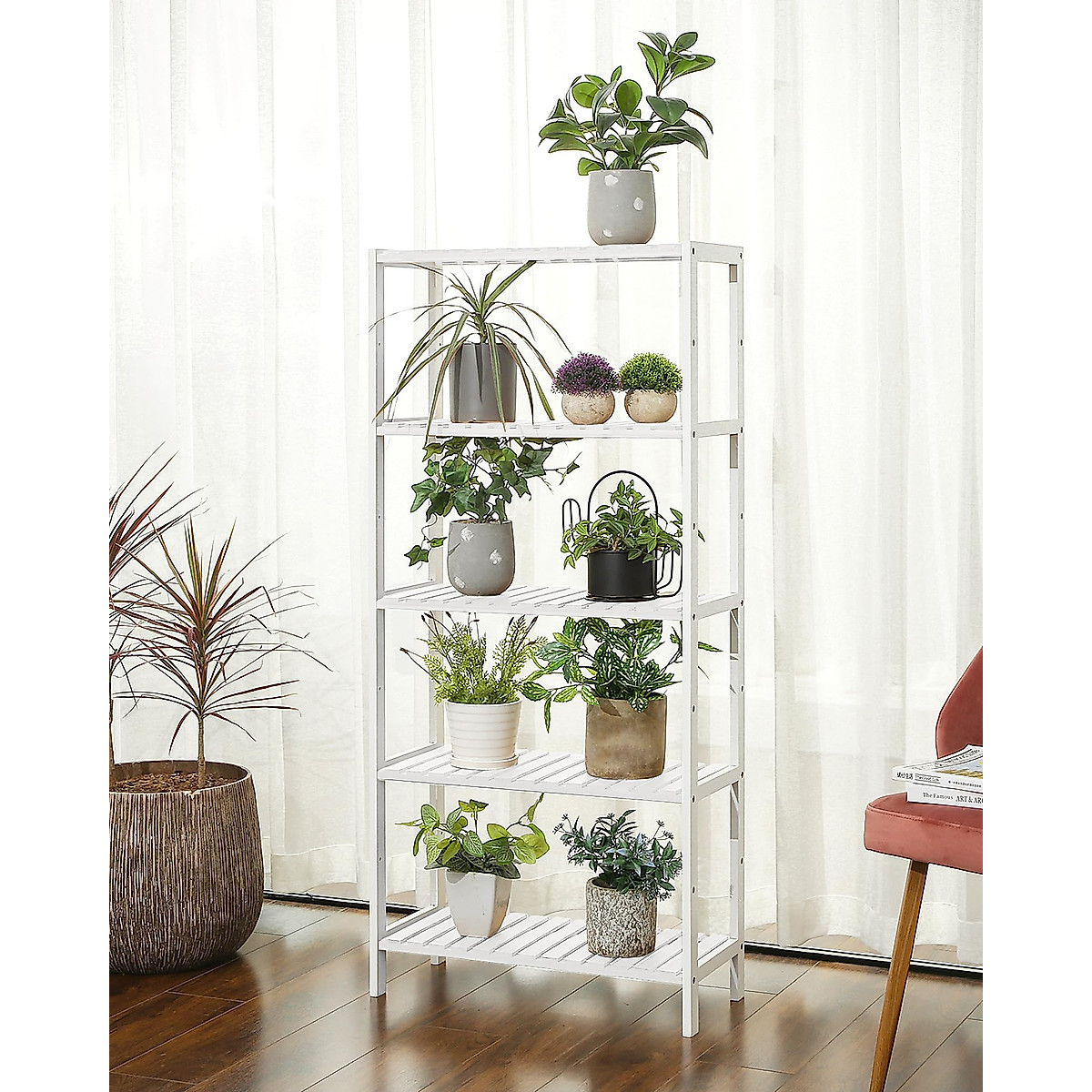 SONGMICS Bamboo Storage Shelf, 5-Tier Shelving Unit, Multifunctional, in The Entryway, Bathroom, Living Room, Balcony, Kitchen, 10.2 x 23.6 x 51.2 Inches, White UBCB35WT