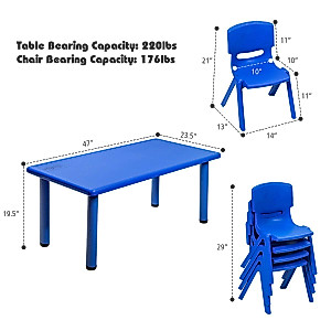 Costzon Kids Table and Chair Set, 4 Pcs Stackable Chairs, 47 x 23.5 Inch Rectangular Plastic Activity Table Set for Children Reading Drawing Playing Snack Time, Toddler School Furniture (Blue)