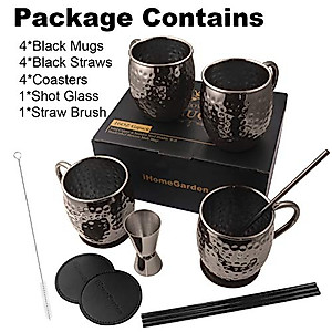 DUNCHATY Moscow Mule Mugs Set of 4, Gift Set Black Mule Mugs Pure Solid Hammered Stainless Steel Mule Mug for Drinking, 16OZ Food Safe 100% Handcrafted Moscow Mule Kit