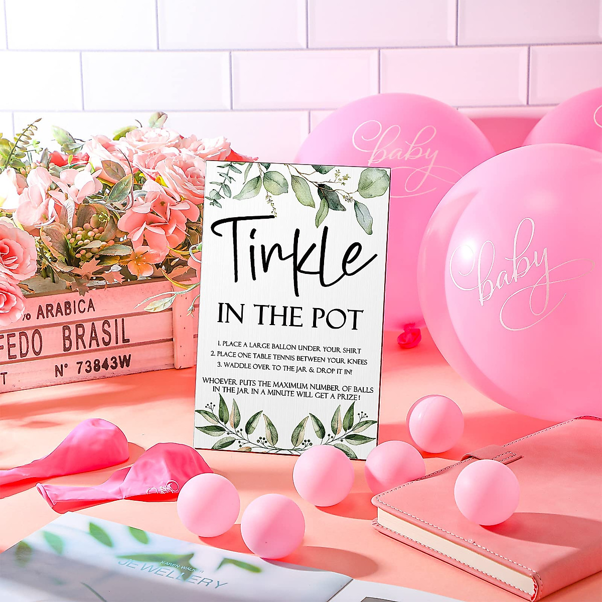 Tatuo 71 Baby Shower Game Sign Wooden Baby Shower Sign Tinkle in the Pot Game Sign Gender Reveal Party Favors 20 Table Tennis Pink Balls 50 Pink Balloon Baby Latex Balloon for Baby Shower Game