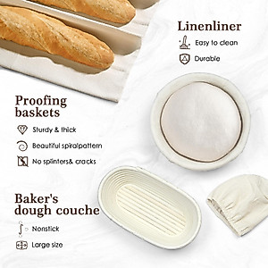 Sourdough Bread Baking Supplies, Bread Making Kit Including 9" Round & 10" Oval Cane Sourdough Baskets Danish Whisk, Bowl & Dough Scrapers, and Linen Liners, Making Baking Fermentation（13 pcs）…