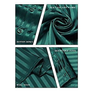 URRU Men's Striped Dress Shirts Green Satin Shirt Casual Luxury Long Sleeve Button Down Wedding Shirt Party Prom Shirt Dark Green XL