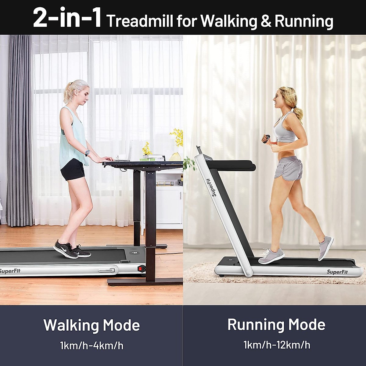 GYMAX Walking Pad, Dual LED Display 2 in 1 Under Desk Treadmill for Home with Remote & Smart App Control, 2.25HP Foldable Portable Treadmill Running Machine for Office Small Space (Pearl)
