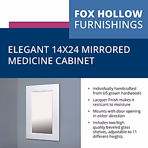 Fox Hollow Furnishings 14x24 Mirrored Medicine Cabinet - Concealed Wall Storage and Recessed Medicine Cabinet with Mirror, 3 Adjustable Shelves (Shaker White)
