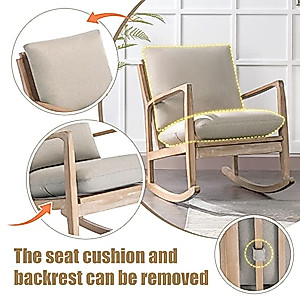 NOBLEMOOD Rocking Chair Linen Fabric Upholstered Nursery Rocker Solid Wood Glider Chair with Mute Foot Pad for Living Room, Reading(Beige)