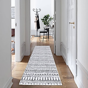 RUGSREAL 2' x 12' Runner Rug Extra Long Hallway Runner Rug Washable Indoor Runner Rug Non-Slip Boho Kitchen Runner Rug Geometric Runner for Living Room Bedroom Laundry, Grey 2'x12'