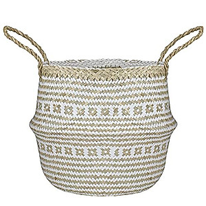 Northlight 17" Beige and White Large Seagrass Belly Basket with Handles