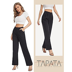 Tapata Womens Wide Leg High Waist Straight Leg Casual Pants Stretch Comfy Pockets Relaxed Fit, Black, 2