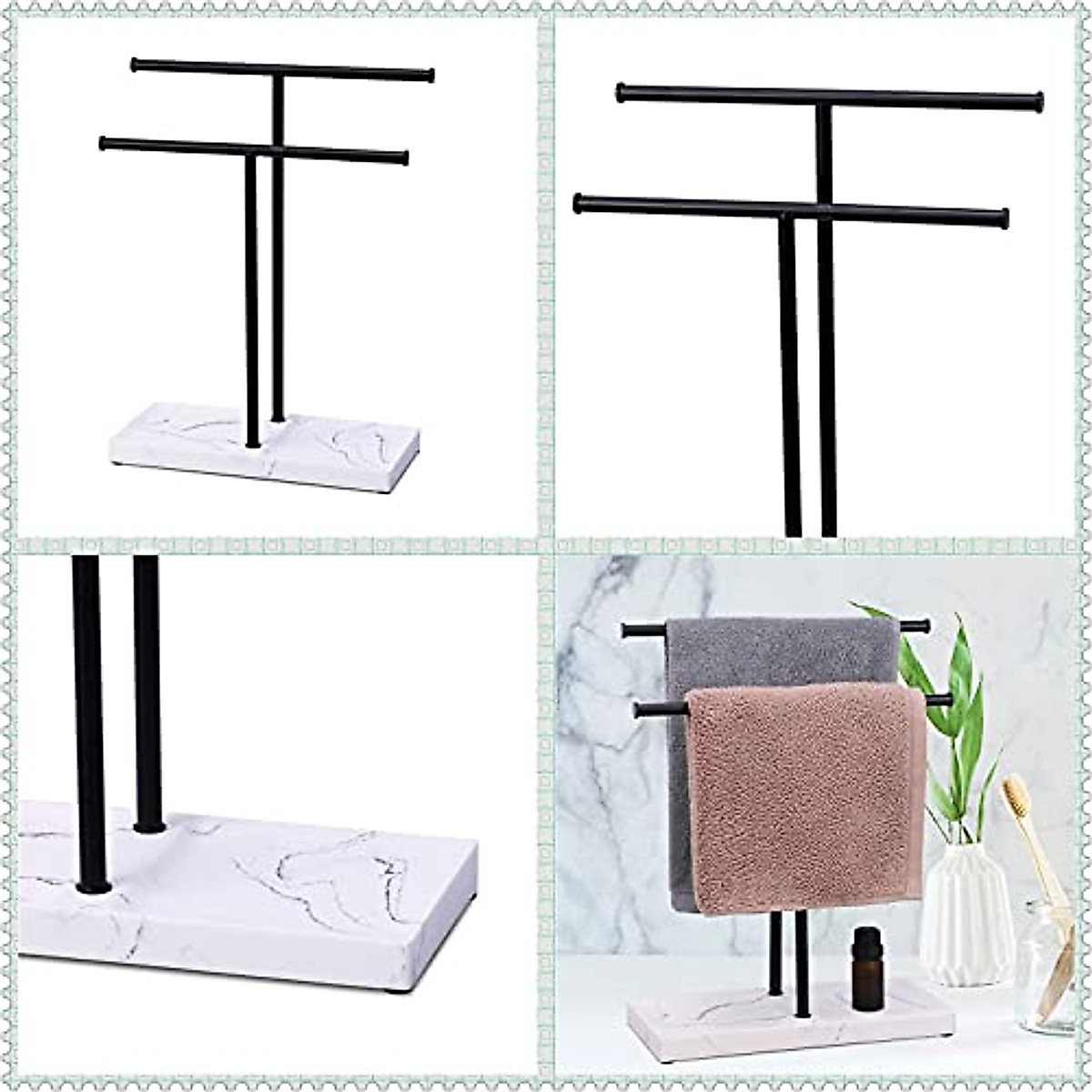 LKKL Hand Towel Holder - Double T Hand Towel Holder for Bathroom - Countertop Towel Stand Free Standing Towel Rack Bathroom Towel Hanging Rack with Resin Tray Base(Black/White)