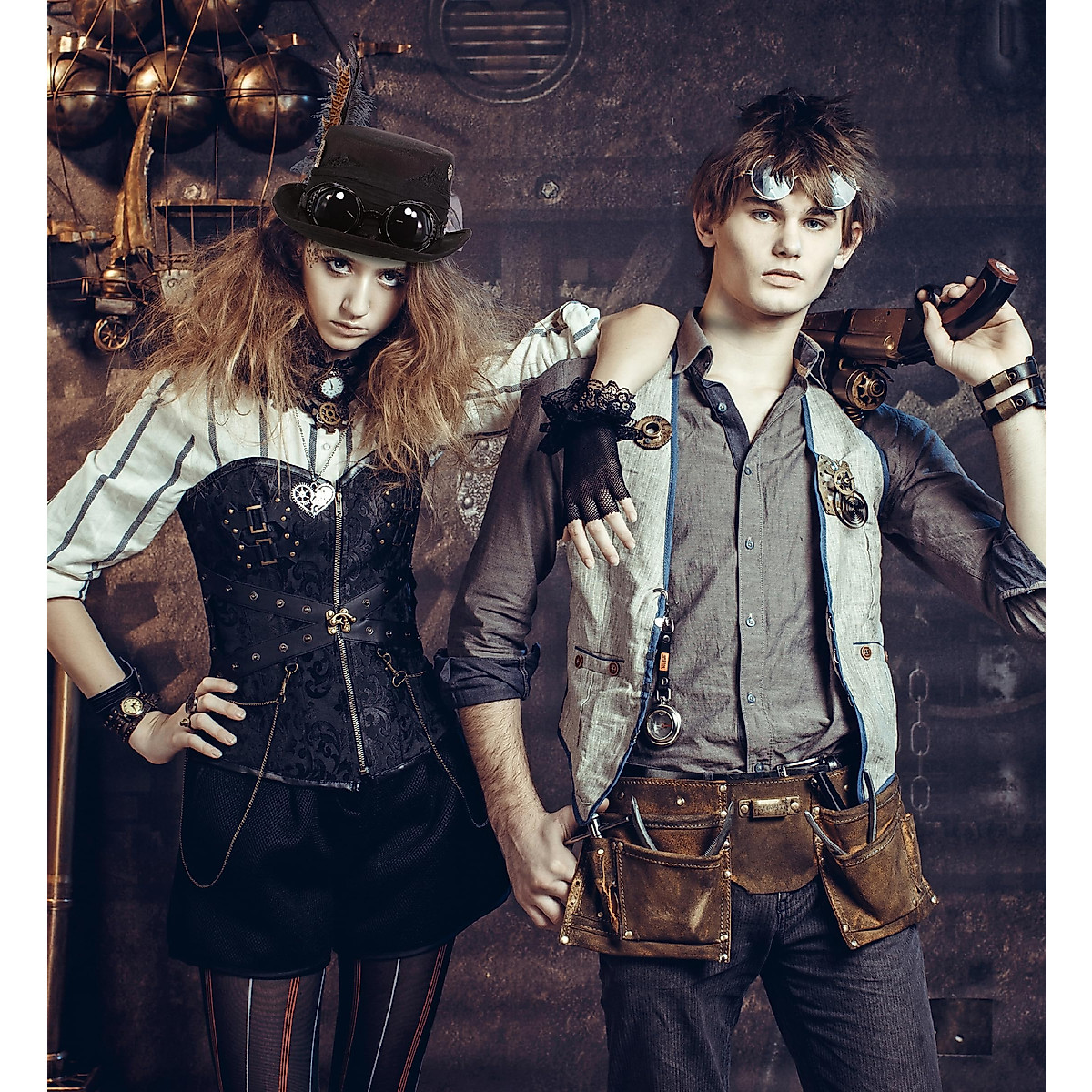 Attitude Studio Fedora Steampunk Hat with Goggles, Feathers, and Gears - Black