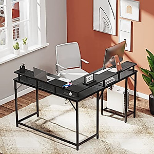 SUPERJARE L Shaped Gaming Desk with Power Outlets & LED Lights, Computer Desk with Monitor Stand & Storage Shelf, Home Office Desk Corner Desk with Hooks, Black