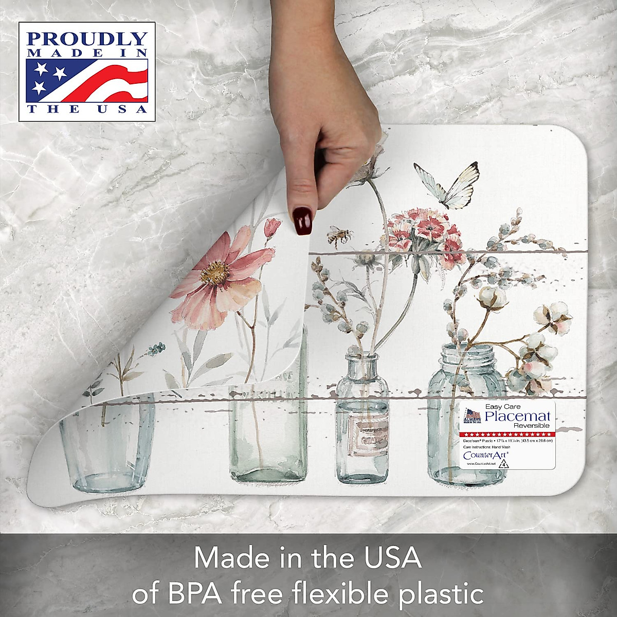 CounterArt Country Weekend 4 Pack Reversible Easy Care Flexible Plastic Placemat Made in The USA BPA Free, Easily Wipes Clean