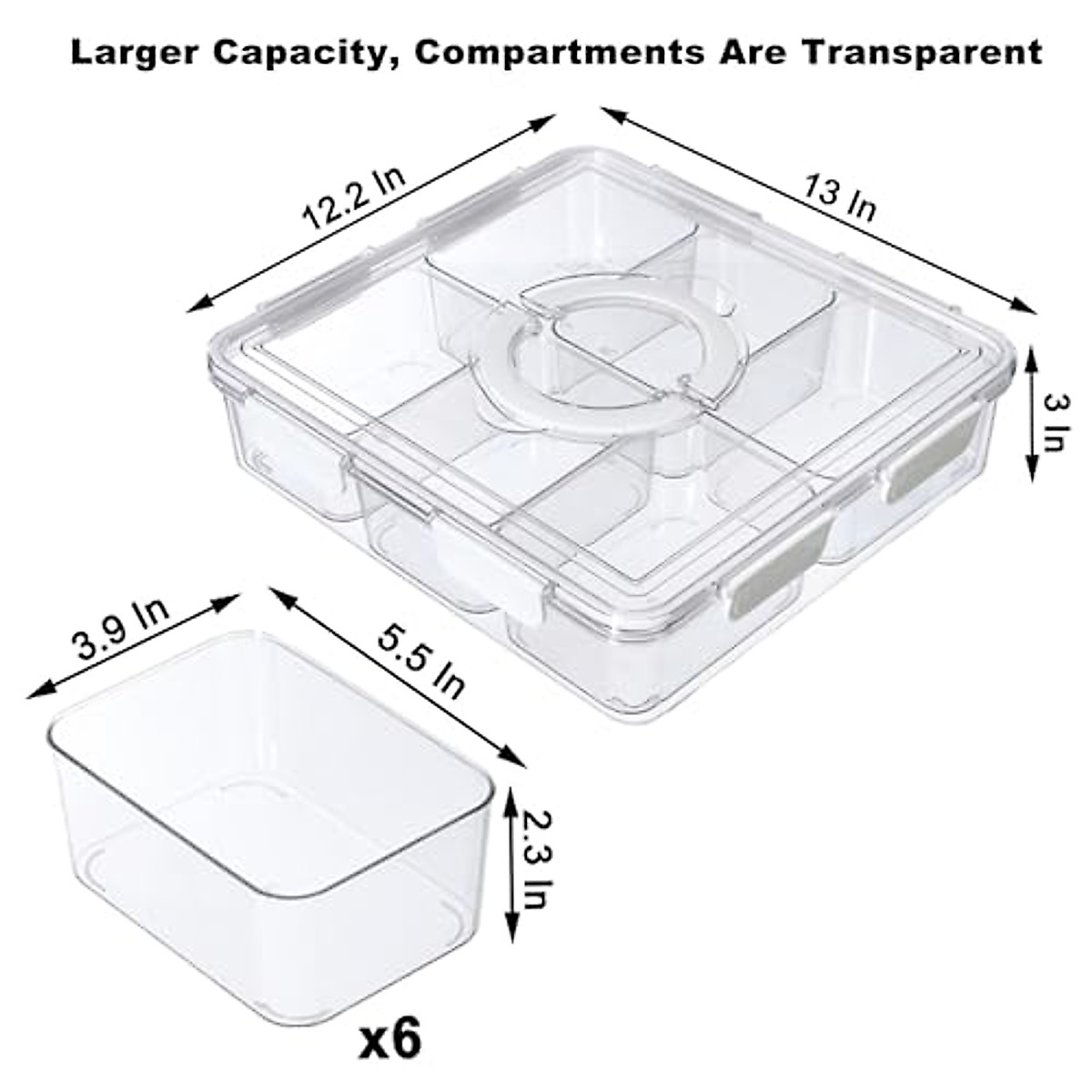 Large Snack Box Container, Clear Divided Serving Tray with Lid and Handle, Portable Snack Tray with Lid for Fruit Veggie Candy, Travel Snackle Box Charcuterie Container for Picnic Party (White, 1 pcs)