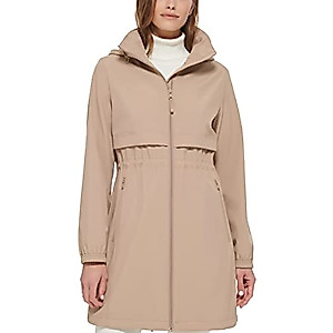 Calvin Klein Women's Water Resistant Adjustable Waist Hooded Back Logo Detail Anorak, Khaki Medium