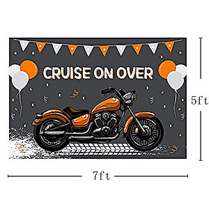 MEHOFOND Motorcycle Boy Birthday Party Backdrop Props Boy Happy 1st Birthday Cruise On Over Ride Photography Orange Silver Balloons Background Photo Banner for Cake Table Supplies 7x5ft