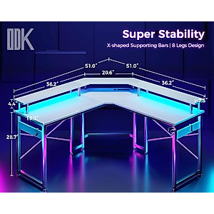 ODK L Shaped Gaming Desk with LED Lights & Power Outlets, 51" Computer Desk with Full Monitor Stand, Corner Gaming Table with Hooks & Cup Holder, White