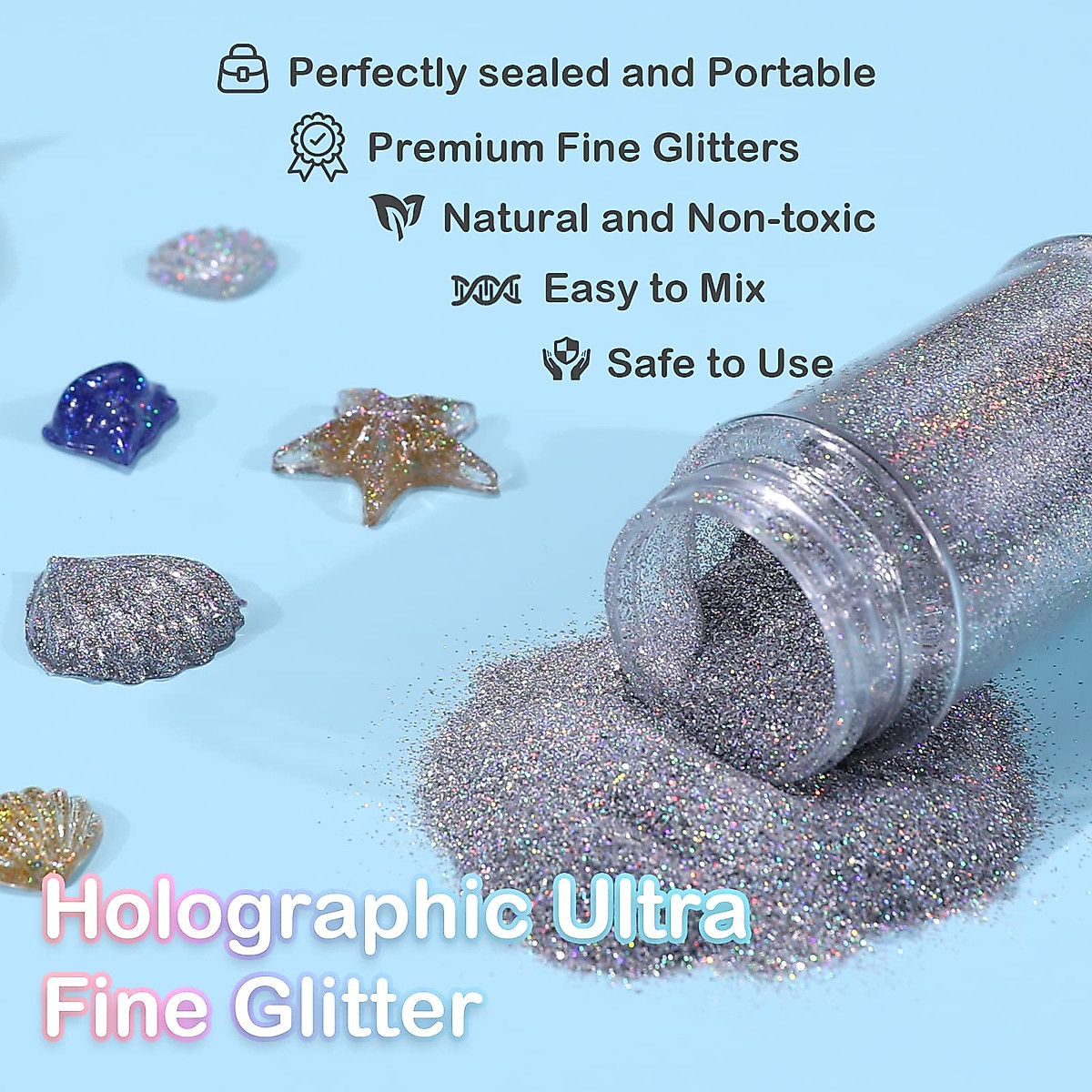 HTVRONT Holographic Extra Fine Glitter Powder - 50g/1.76oz Silver Glitter for Resin, 0.008"Portable Ultra Fine Glitter Powder for Nails, Candle Making, Crafts, Slime Fine Silver Glitter