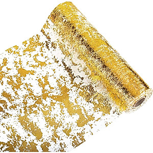 Sunlunckystar Glitter Metallic Gold Table Runner 11x108 Inch, Mesh Thin Sparkle Table Runner Roll, Table Decorations for Wedding Bridal Shower, Birthday Party, Baby Shower（1PC）