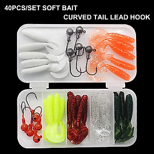 FANGBLUE 40PCS 1/8oz Jig Head Hook 2inch Curved Tail Soft Lures Artificial Silicone Bait Worm Soft Fishing Lure Tackle Kit for Bass Trout Fishing (40pcs Curved Tail Soft Lure)