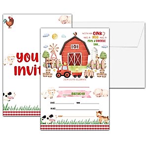 Chuxvon Farm Birthday Party Invitations, Barn Animals Birthday Invitation, Double-Sided Fill In Invites, Barnyard Birthday Party Decorations, 20 Cards With 20 Envelopes(D07)