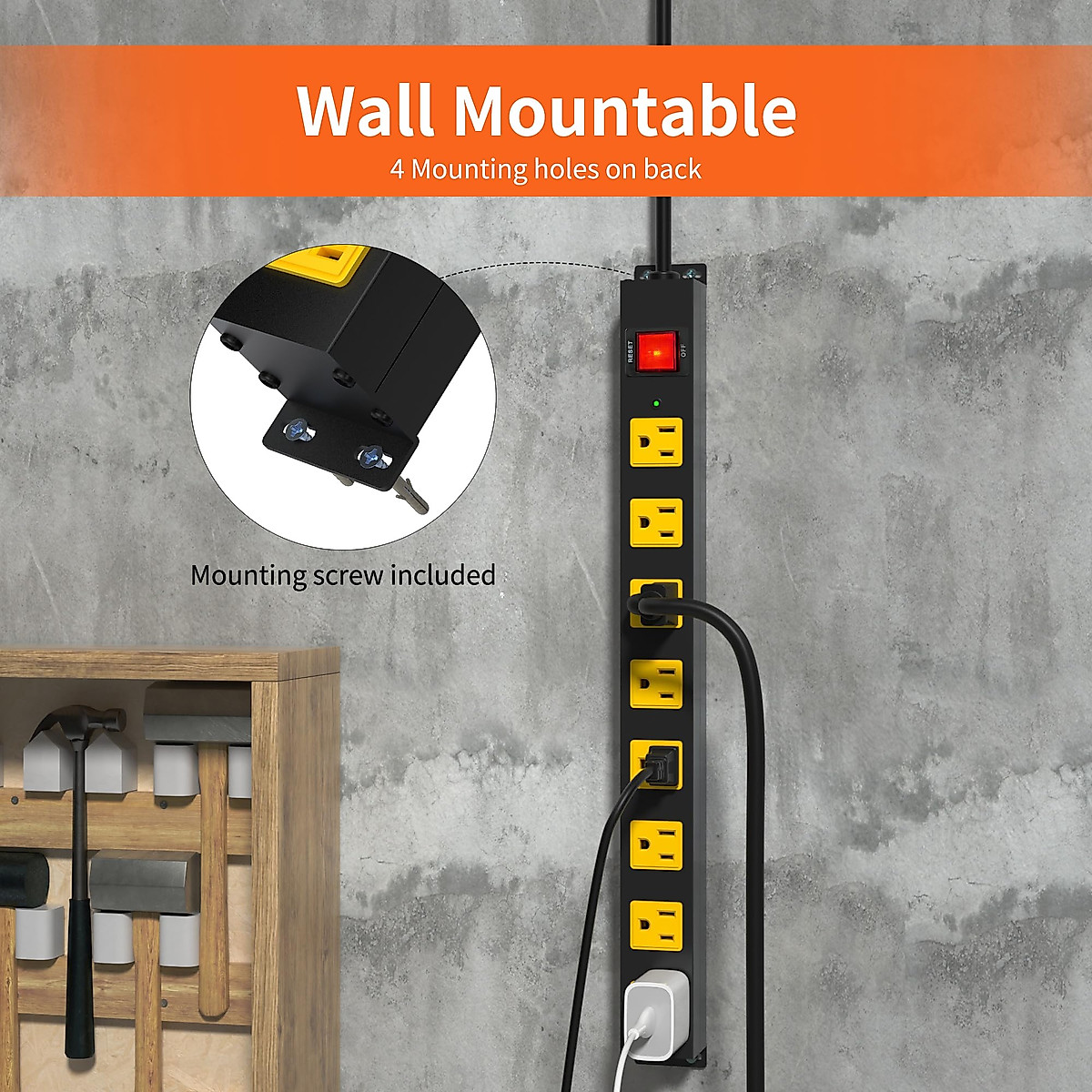 8 Outlet Long Power Strip, 2100J Surge Protector Heavy Duty 6FT Cord Wide Spaced and Wall Mount Metal Powerstrip for Home Office Garage Workshop