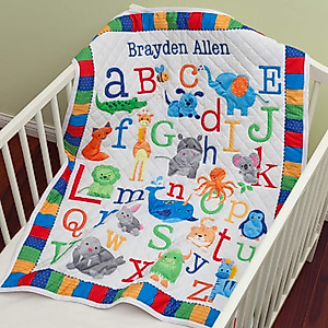 Personalized Planet Primary Color Boy's ABC Quilt with Custom Name Embroidered in Blue Thread on Rectangular Blanket with Alphabet Letters and Cartoon Animals, 31x40