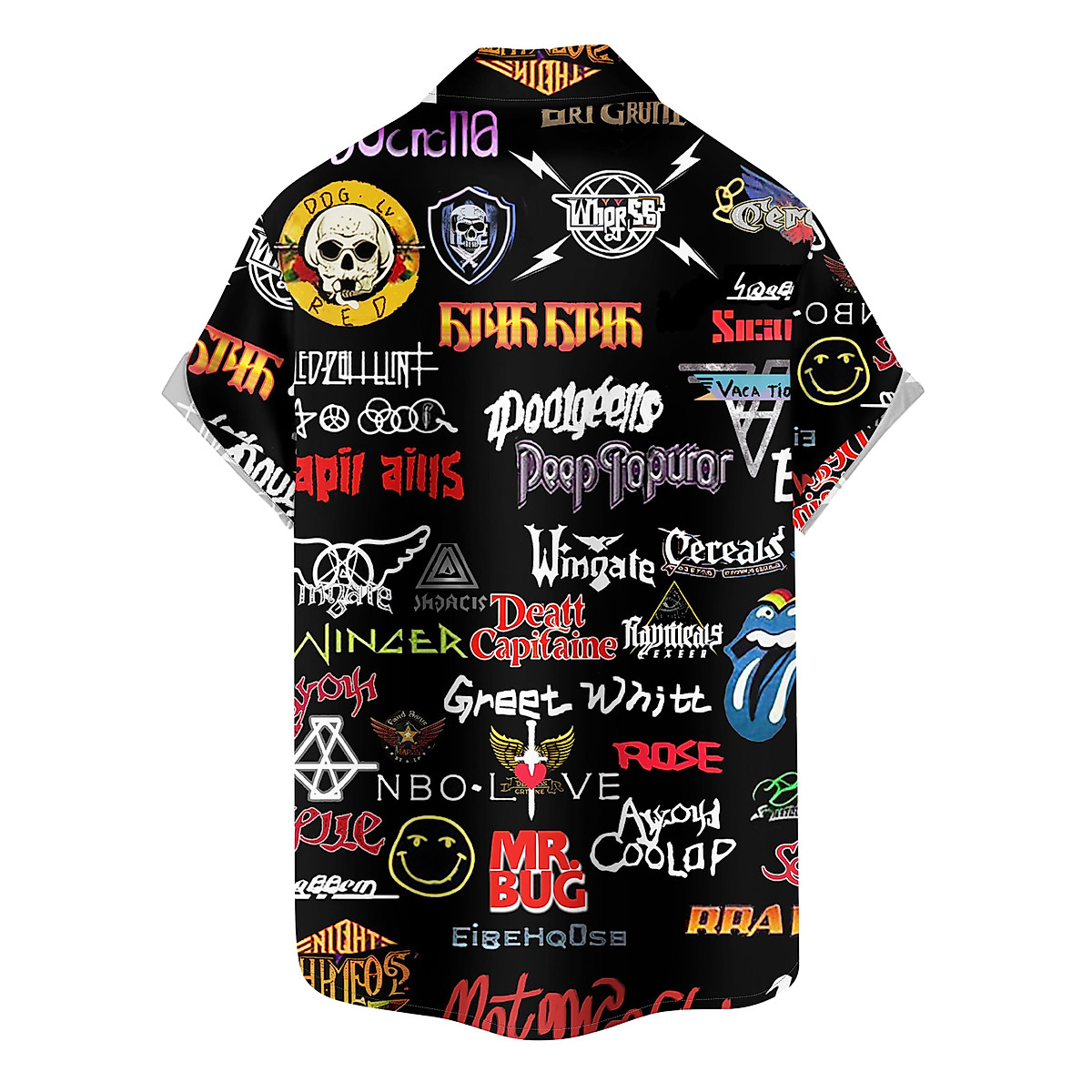 Bhlounplo Button Down Shirt Men Rock and Roll Punk Print Pocket Lapel Hawaiian Casual Loose Short Sleeve Shirt-Black-2-XXXL