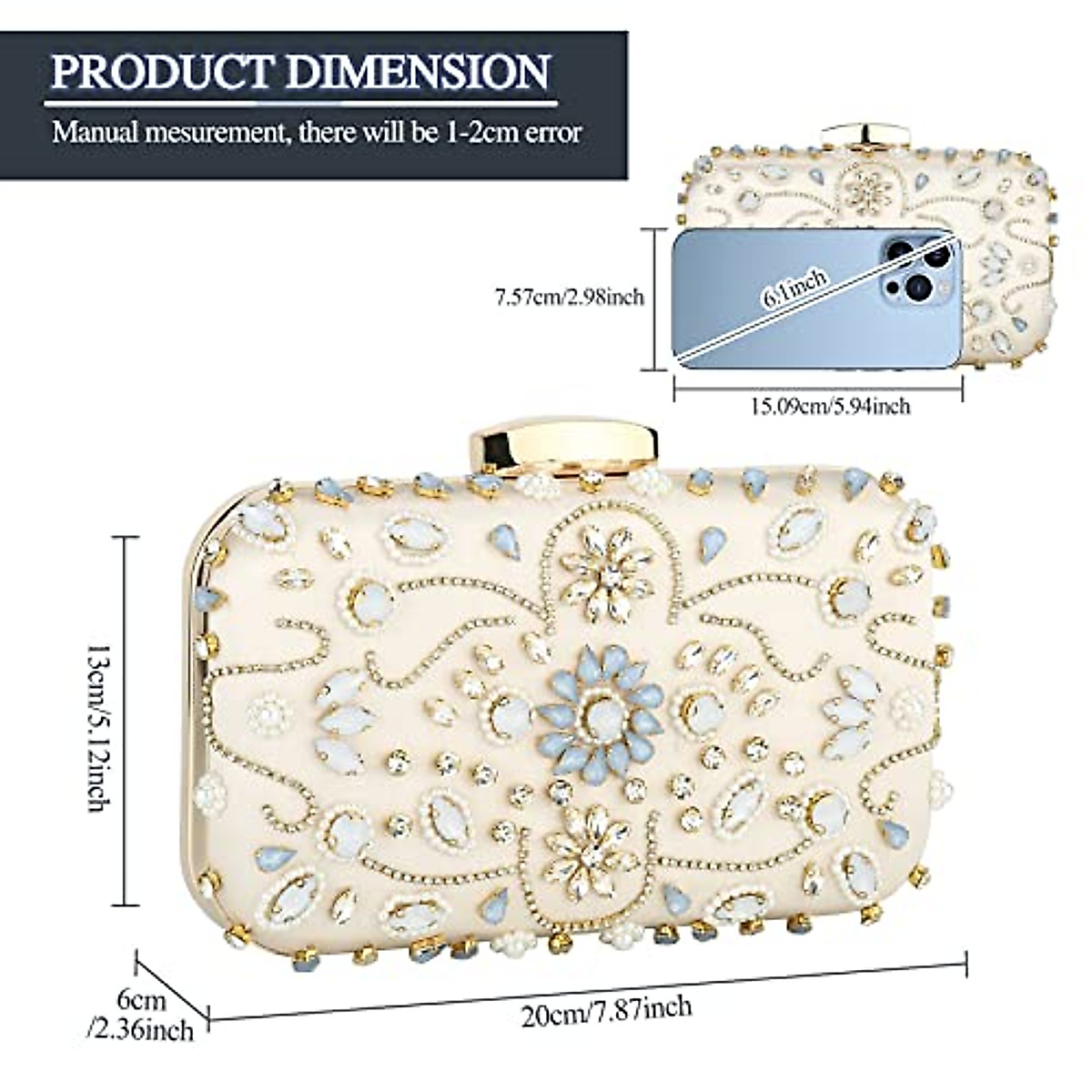 Women Noble Crystal Beaded Evening Bag Wedding Clutch Purse Champagne