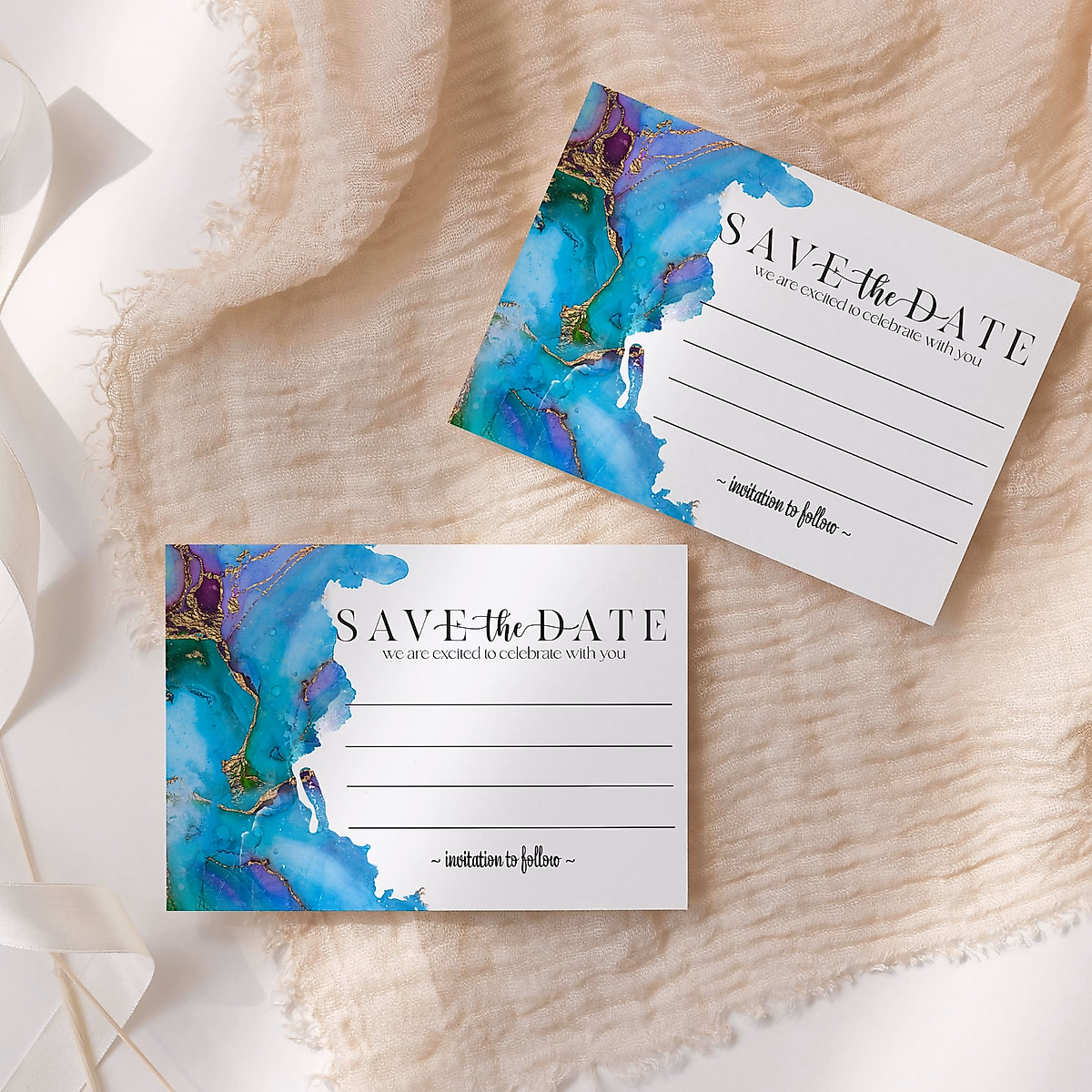 Paper Clever Party Teal and Purple Save the Date with Envelopes, All Occasion Cards for Wedding Invitations, Birthday, Graduation, Modern Watercolor, 3.5x5, 25 Pack